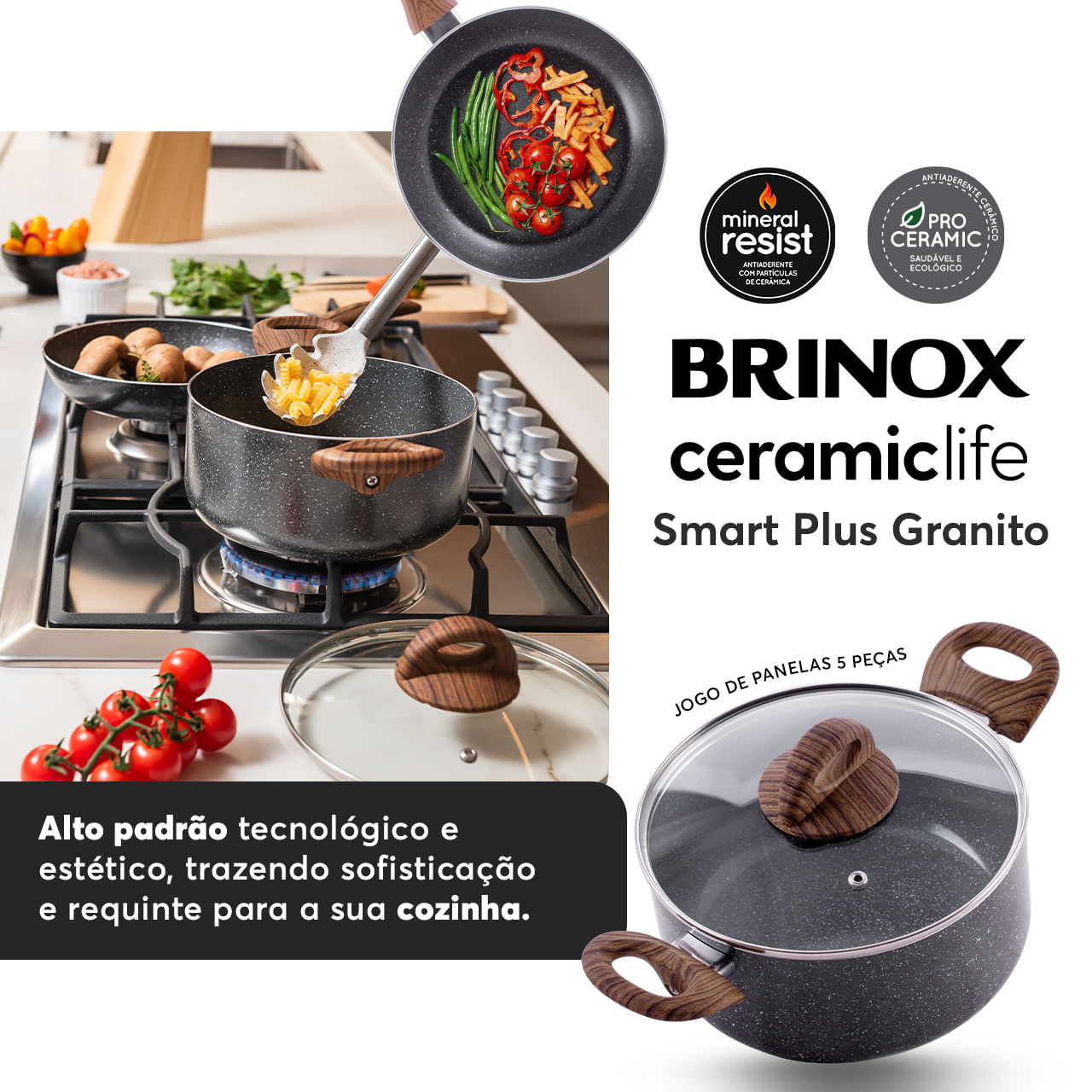 Jogo de Panelas com Indução Brinox Antiaderente Ceramic Life Smart Plus ...